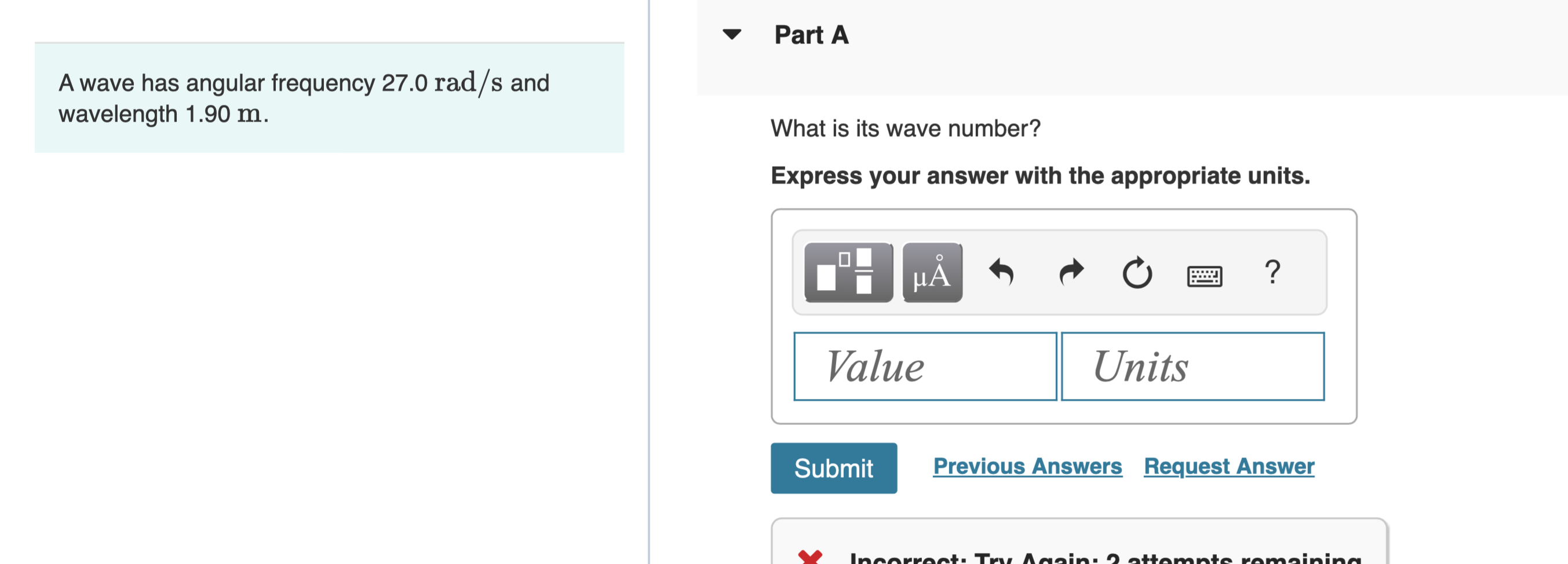 Solved Part AA wave has angular frequency 27.0rads | Chegg.com