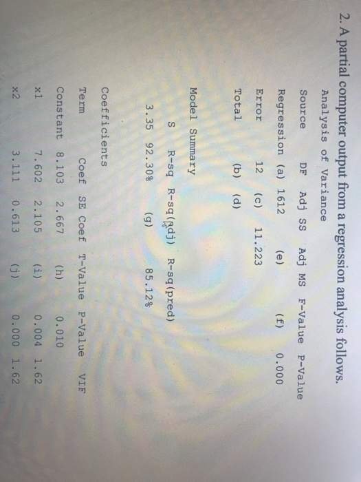 Solved 2. A partial computer output from a regression | Chegg.com