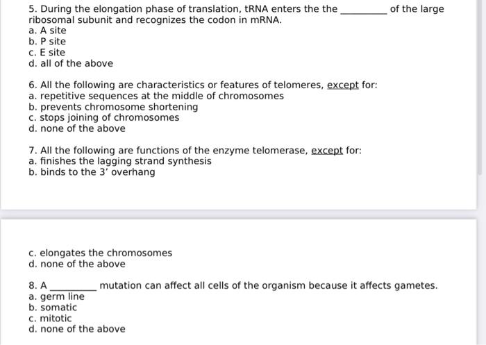 5. During the elongation phase of translation, tRNA | Chegg.com