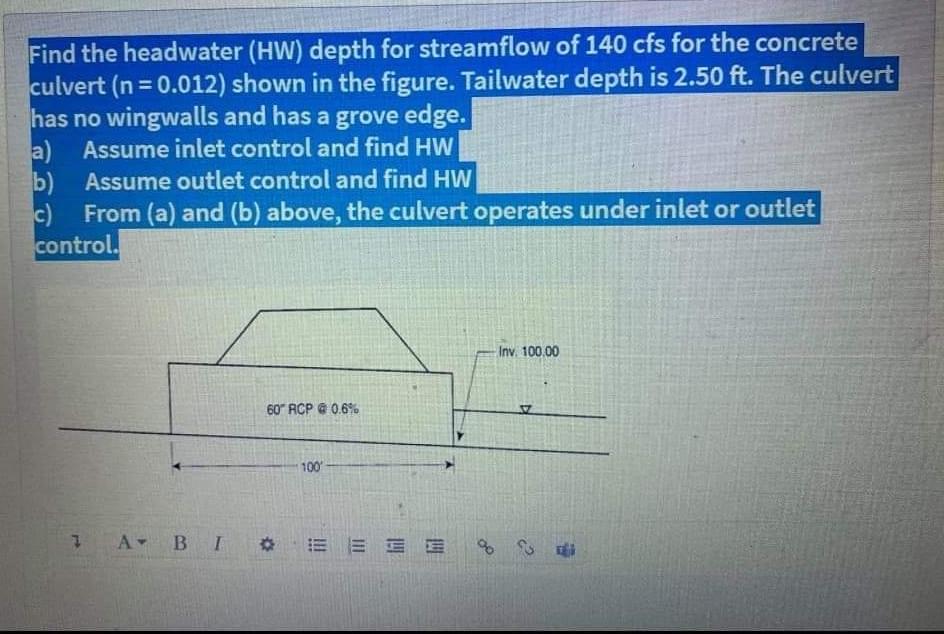 Solved Find the headwater (HW) depth for streamflow of 140 | Chegg.com