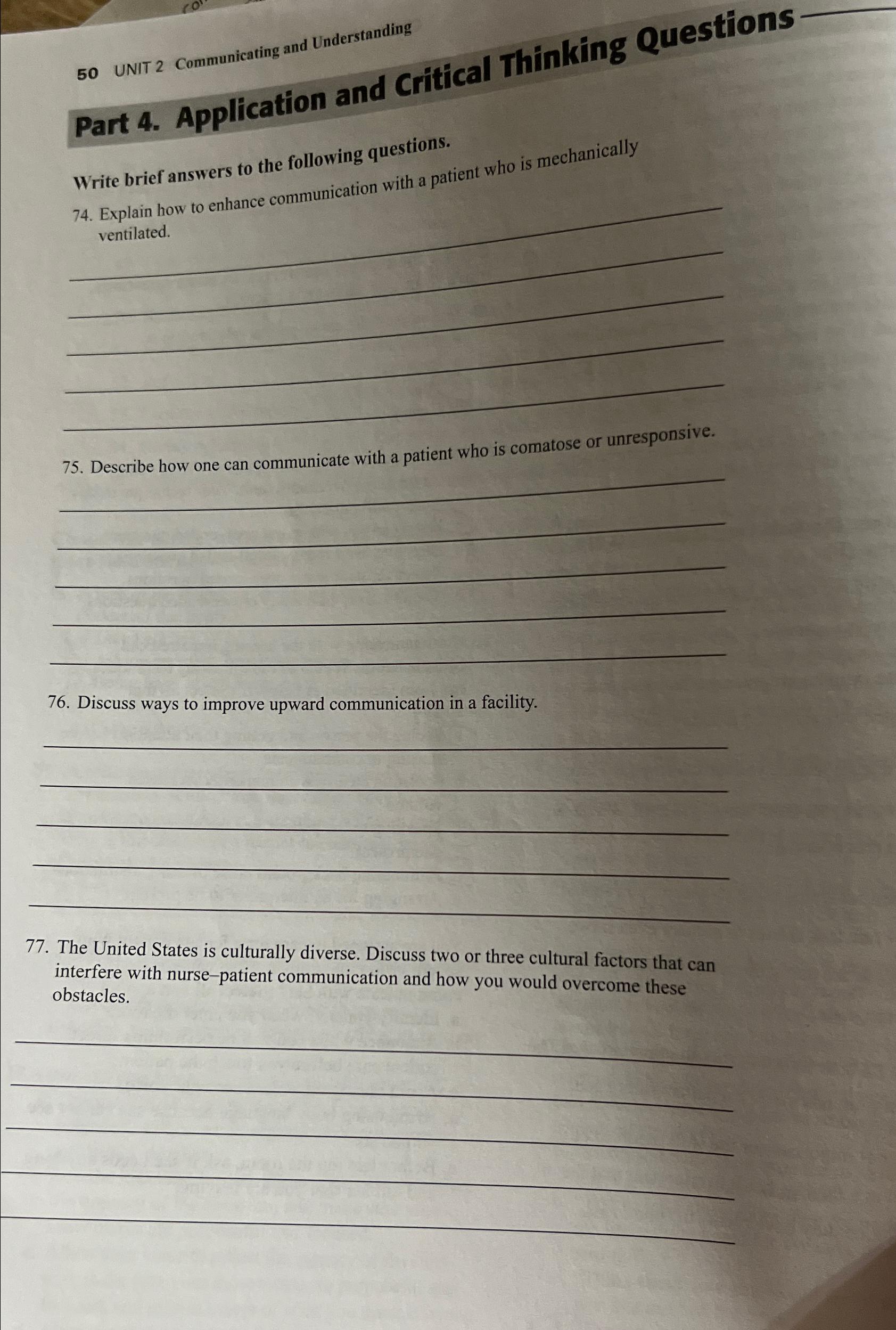 Solved 50 ﻿UNIT 2 ﻿Communicating and UnderstandingPart 4. | Chegg.com