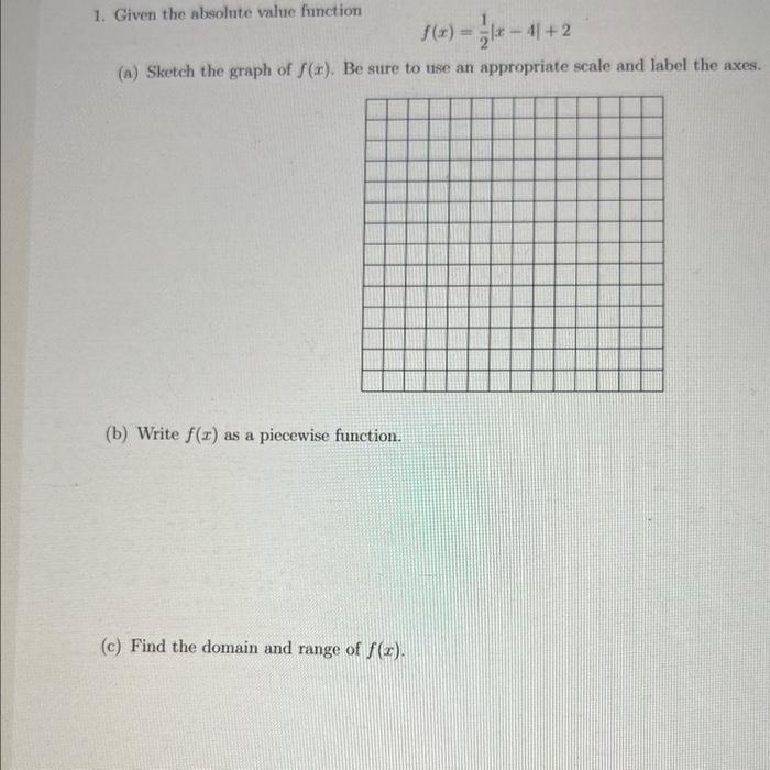 Solved 1. Given the absolute value function f(x)=21∣x−4∣+2 | Chegg.com