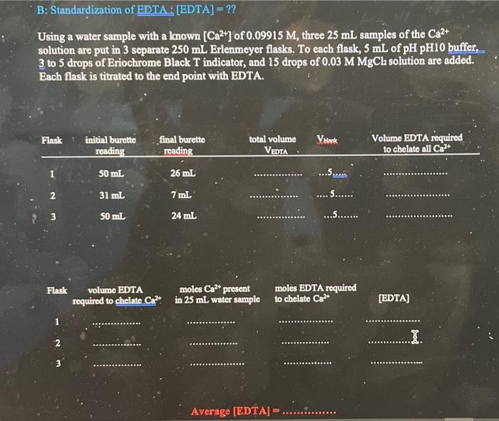 Solved B: Standardization of EDTA: [EDTA] = ?? Using a water | Chegg.com