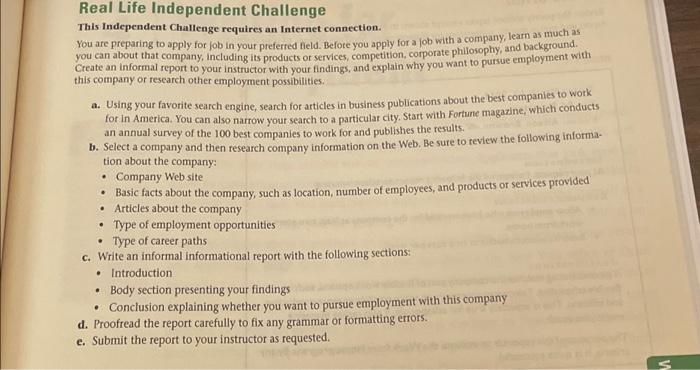 Solved Real Life Independent Challenge This Independent | Chegg.com
