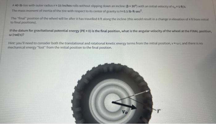 Solved A 40-1b tire with outer radius r=15 inches is | Chegg.com
