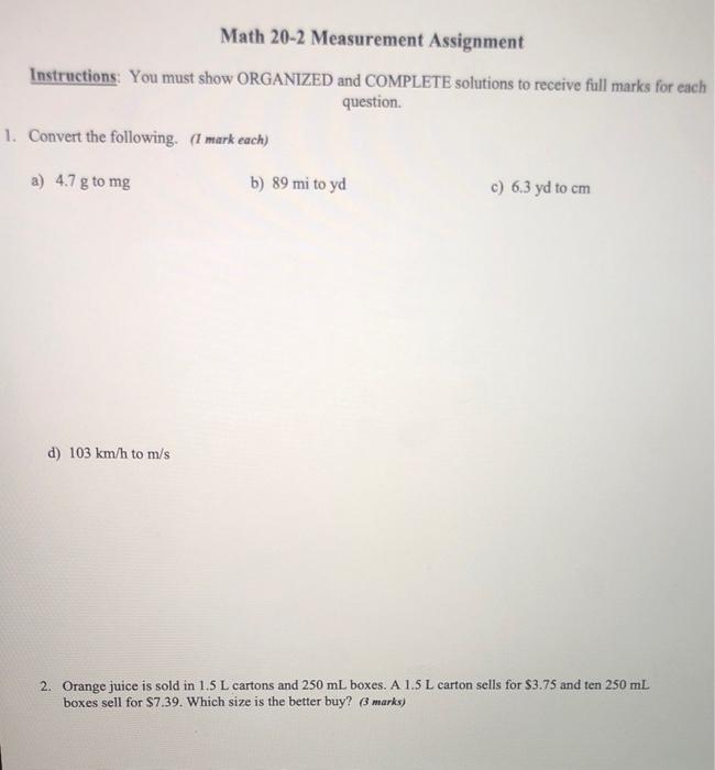 Solved Math 20-2 Measurement Assignment Instructions: You | Chegg.com