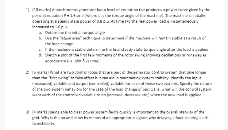 Solved 1) [10 ﻿marks] ﻿A synchronous generator has a level | Chegg.com