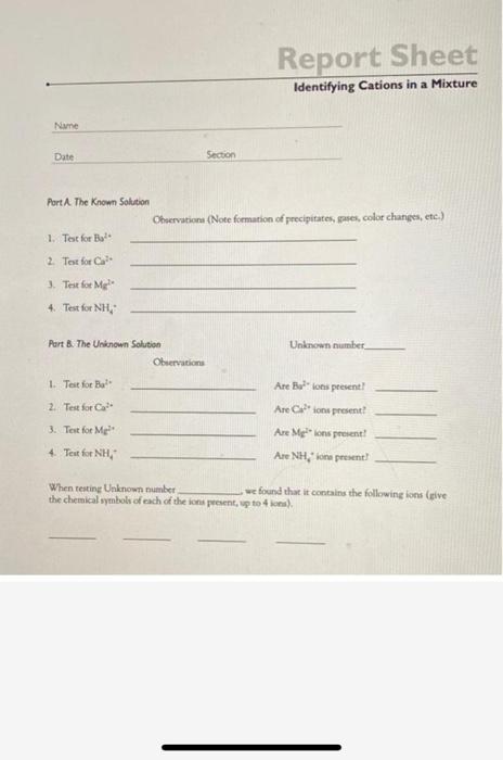 Report Sheet Identifying Cations in a Mixture Name | Chegg.com