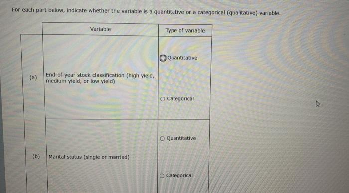 Solved For each part below, indicate whether the variable is | Chegg.com
