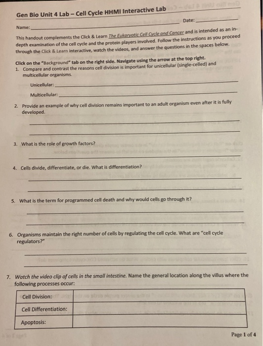 Solved Gen Bio Unit 4 Lab - Cell Cycle HHMI Interactive Lab | Chegg.com