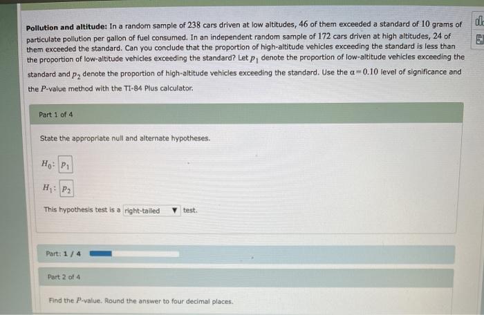Solved al Pollution and altitude: In a random sample of 238 | Chegg.com