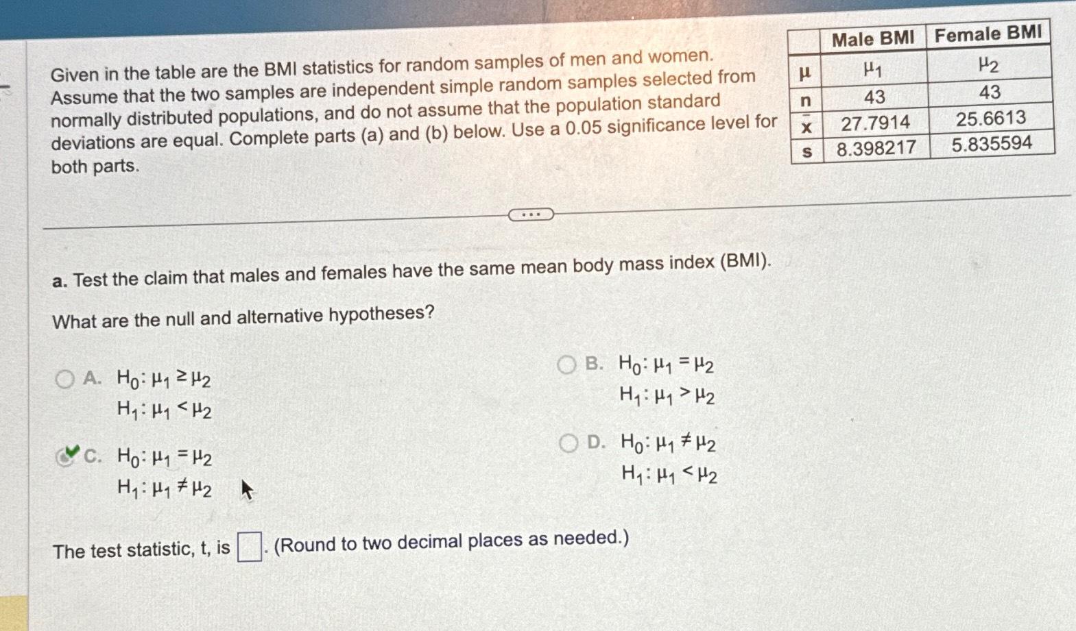 Solved Given in the table are the BMI statistics for random | Chegg.com