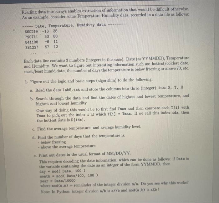 Solved Reading data into arrays enables extraction of | Chegg.com