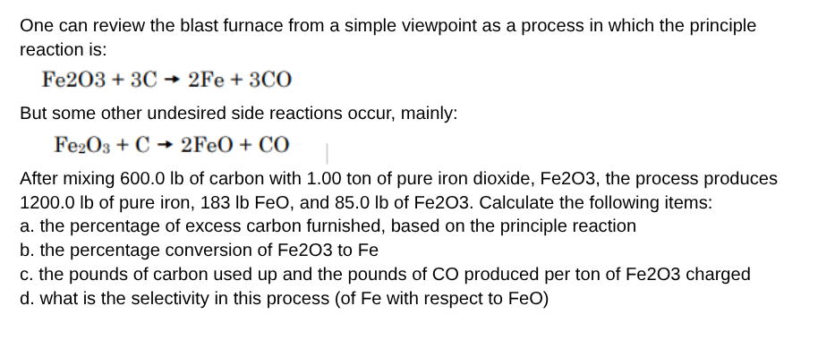 Solved One can review the blast furnace from a simple | Chegg.com