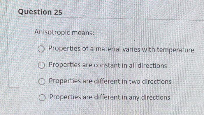 Solved Anisotropic means: Properties of a material varies | Chegg.com