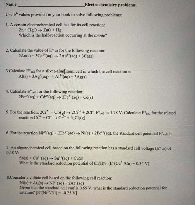 Solved Name Electrochemistry problems. Use Eº values | Chegg.com