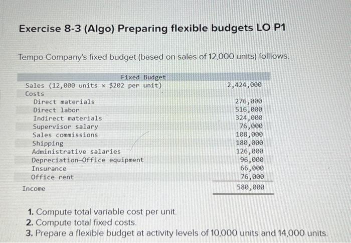Solved Exercise 8-3 (Algo) Preparing flexible budgets LO P1 | Chegg.com Solved Exercise 8-3 (Algo) Preparing flexible budgets LO P1 | Chegg.com