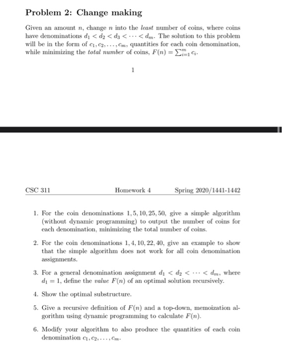Solved Problem 2: Change making Given an amount n, change n | Chegg.com