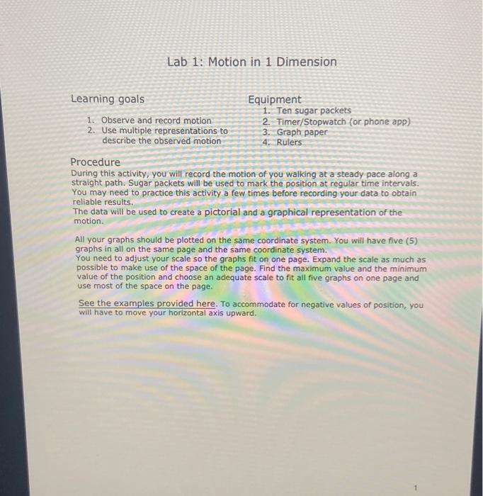 Lab 1: Motion in 1 Dimension Procedure During this | Chegg.com