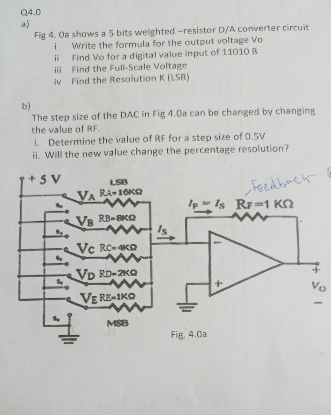 Solved Q4.0a)Fig 4. ﻿Oa shows a 5 ﻿bits weighted-resistor | Chegg.com