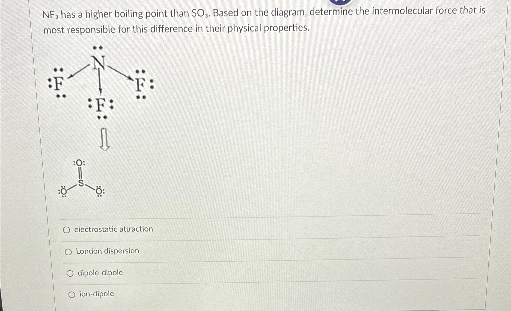 Solved NF3 ﻿has a higher boiling point than SO3. ﻿Based on | Chegg.com