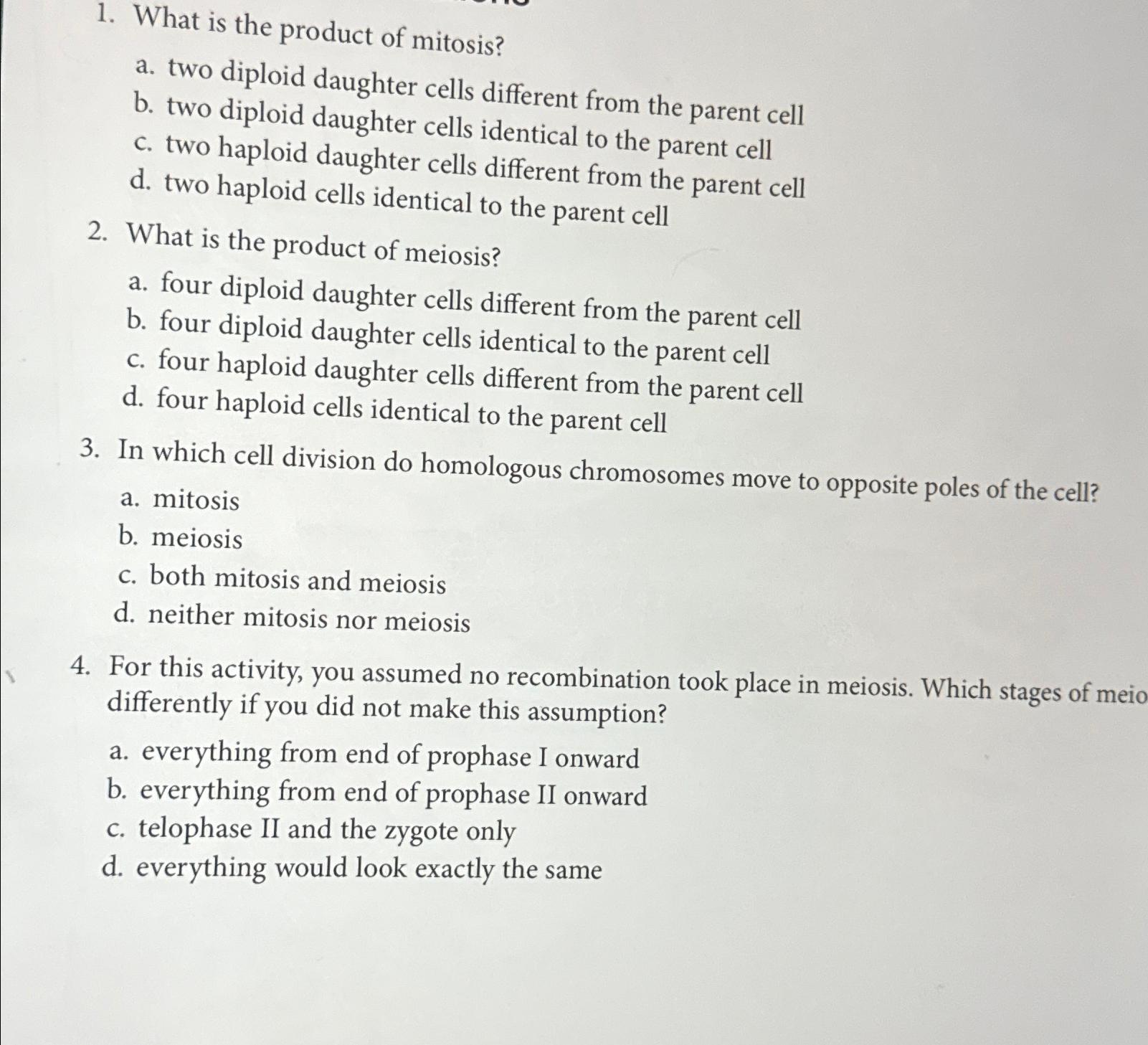 Solved What is the product of mitosis?a. ﻿two diploid | Chegg.com