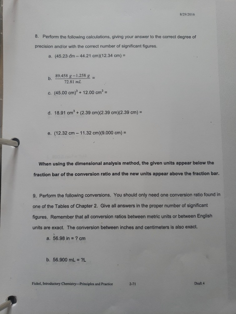 Solved 8/29/2016 8. Perform the following calculations, | Chegg.com