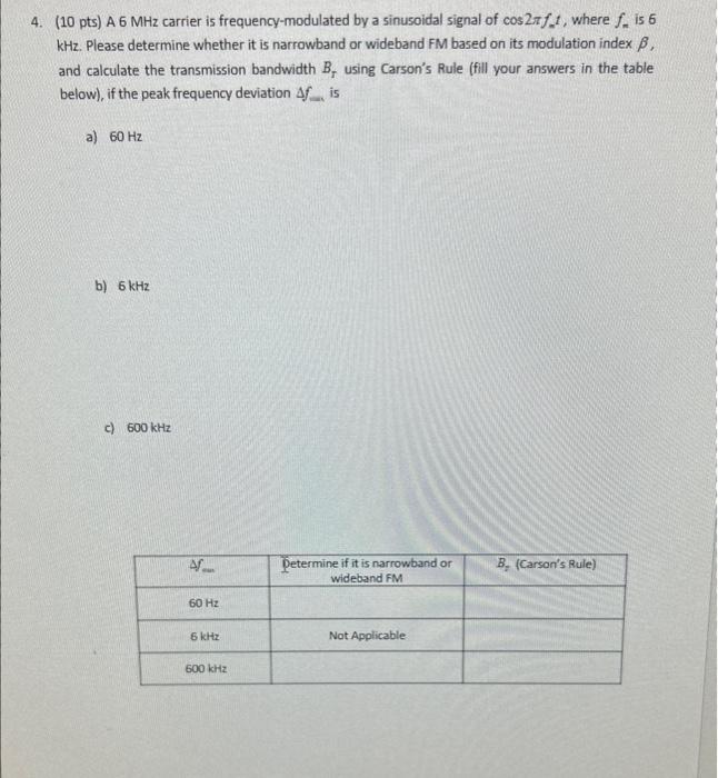 Solved 4. (10 pts) A 6MHz carrier is frequency-modulated by | Chegg.com
