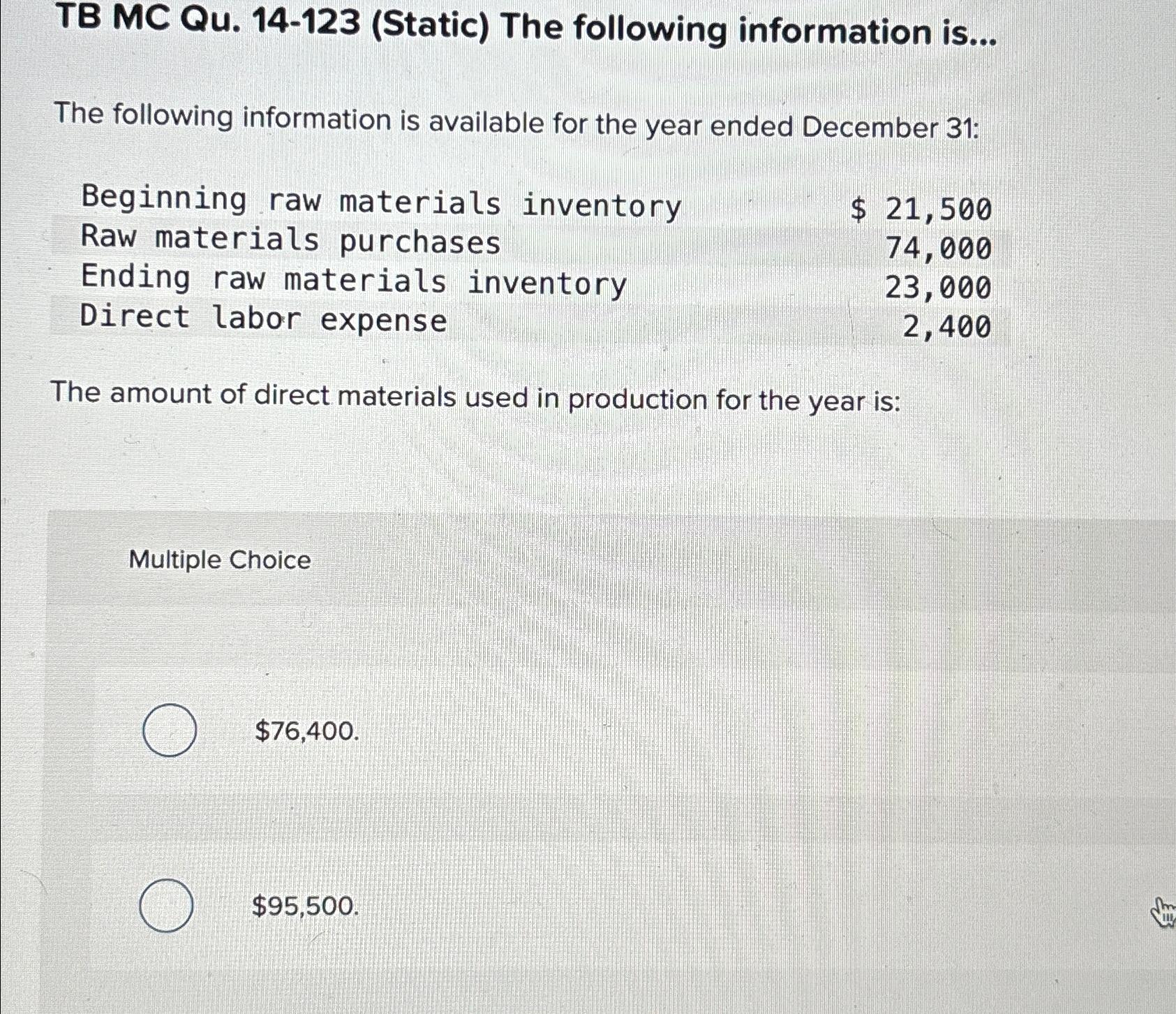 Solved TB MC Qu. 14-123 (Static) ﻿The following information | Chegg.com
