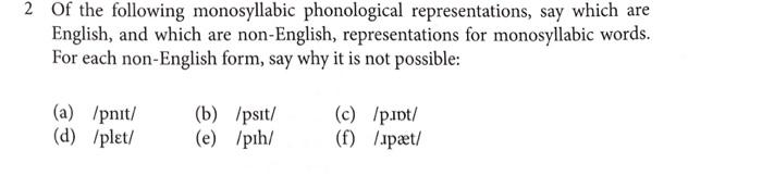 Of the following monosyllabic phonological | Chegg.com