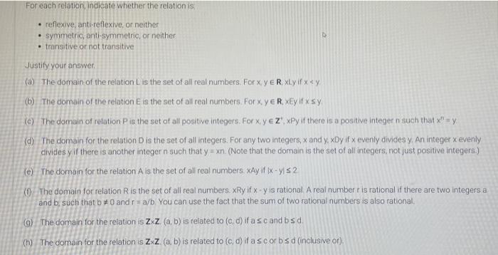 Solved For each relation, indicate whether the relation is; | Chegg.com