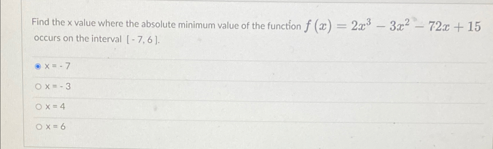 Solved Find the x ﻿value where the absolute minimum value of | Chegg.com