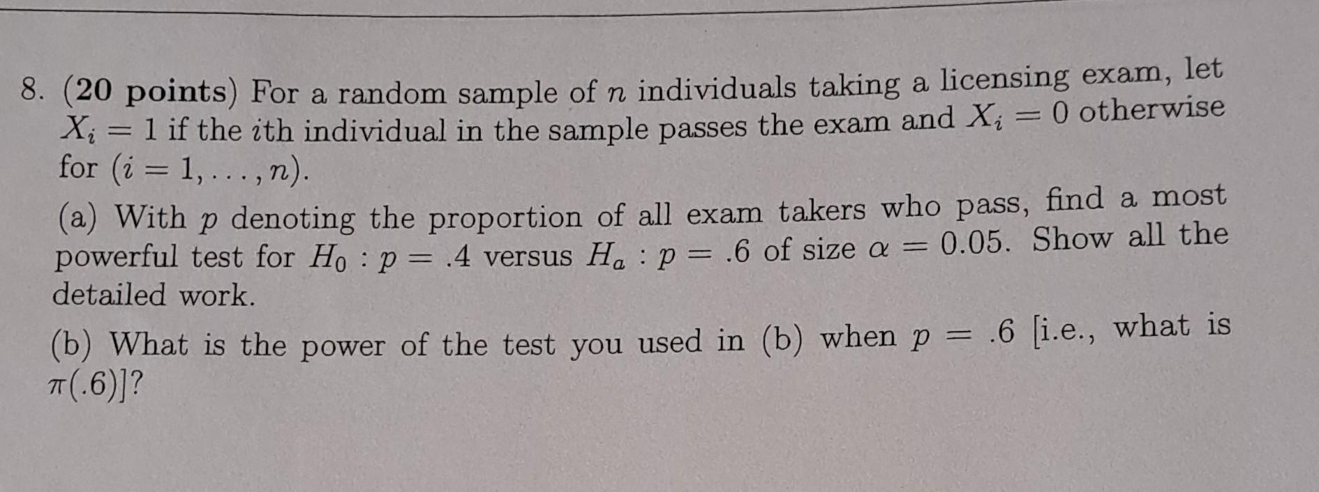 Solved 8. (20 points) For a random sample of n individuals | Chegg.com