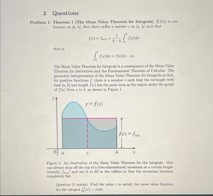 Solved Problem 1: Theorem 1 (The Mean Valtye Theorem for | Chegg.com
