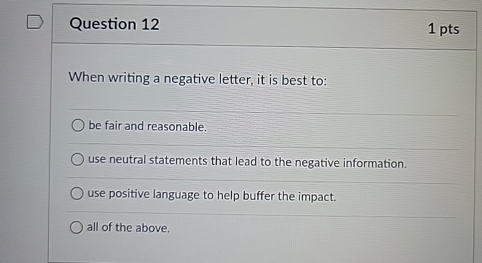 Solved Question 121 ﻿ptsWhen writing a negative letter, it | Chegg.com