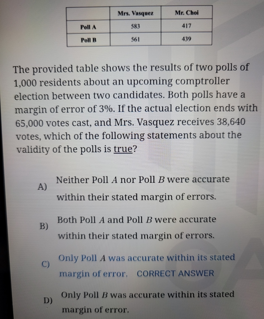 Solved \table[[,Mrs. ﻿Vasquez,Mr. ﻿Choi],[Poll | Chegg.com