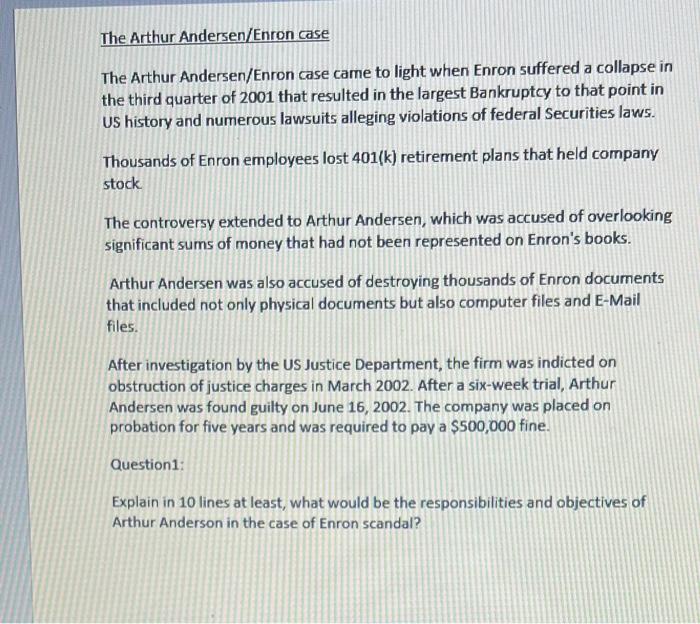 Solved The Arthur Andersen/Enron case The Arthur | Chegg.com