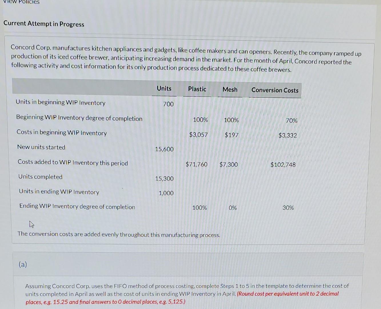 Solved Current Attempt in Progress Concord Corp. | Chegg.com
