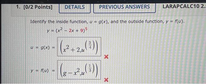 Identify the inside function, u=g(x), and the outside | Chegg.com