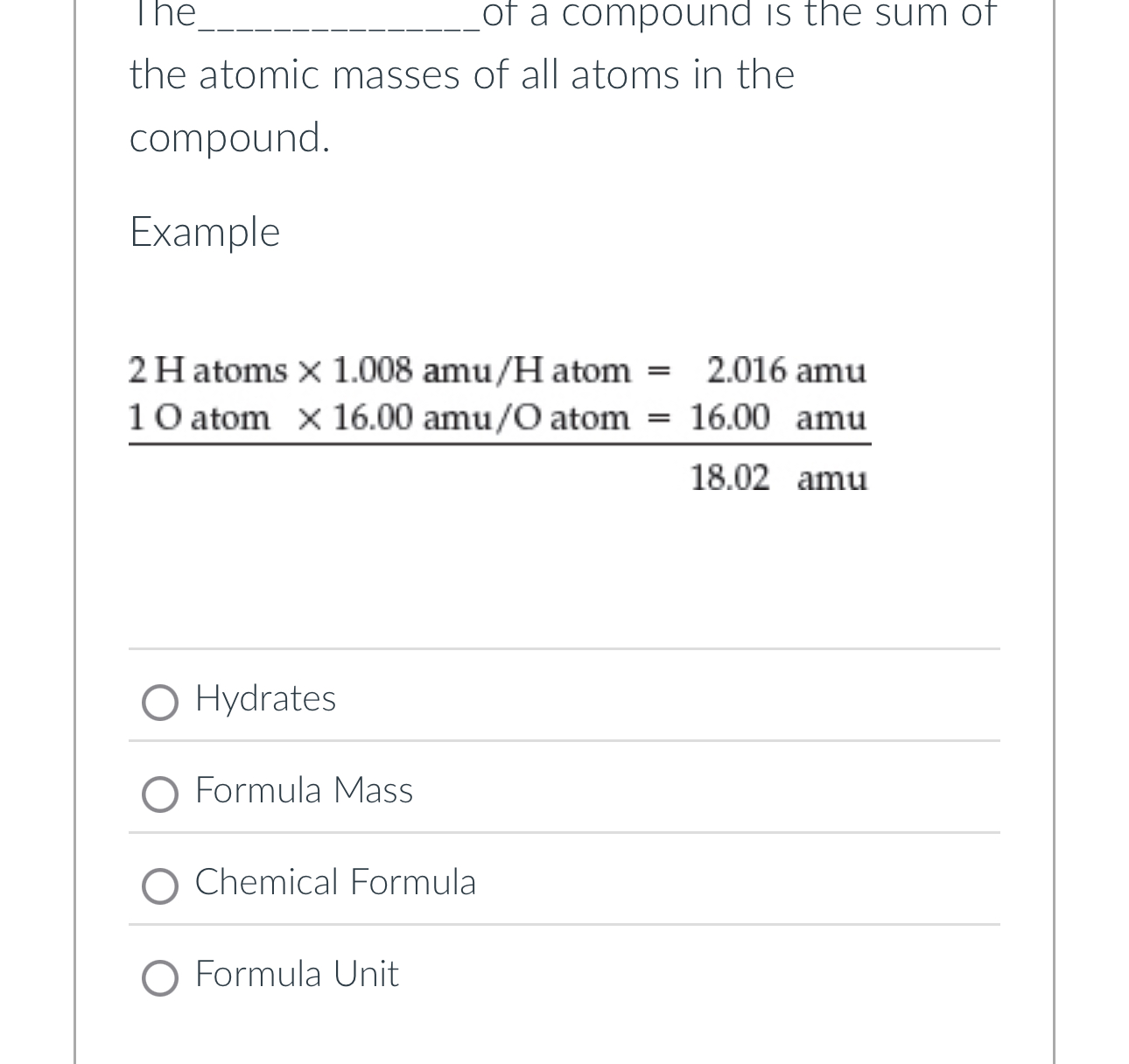 Solved Theof a compound is the sum ofthe atomic masses of | Chegg.com