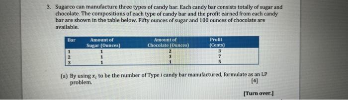 Solved 3. Sugarco can manufacture three types of candy bar. | Chegg.com