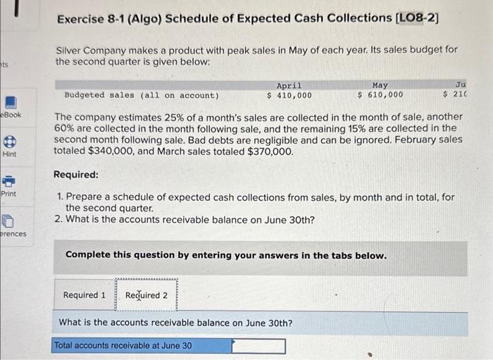 Solved Exercise 8-1 (Algo) Schedule of Expected Cash | Chegg.com
