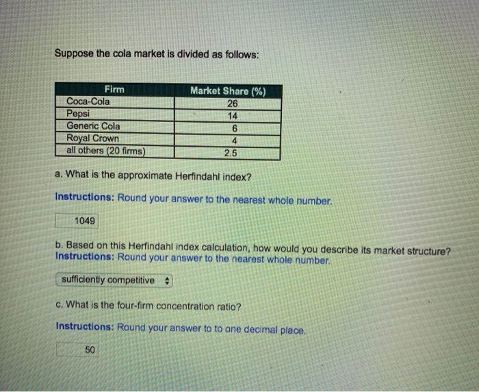 Solved Suppose the cola market is divided as follows: Firm | Chegg.com