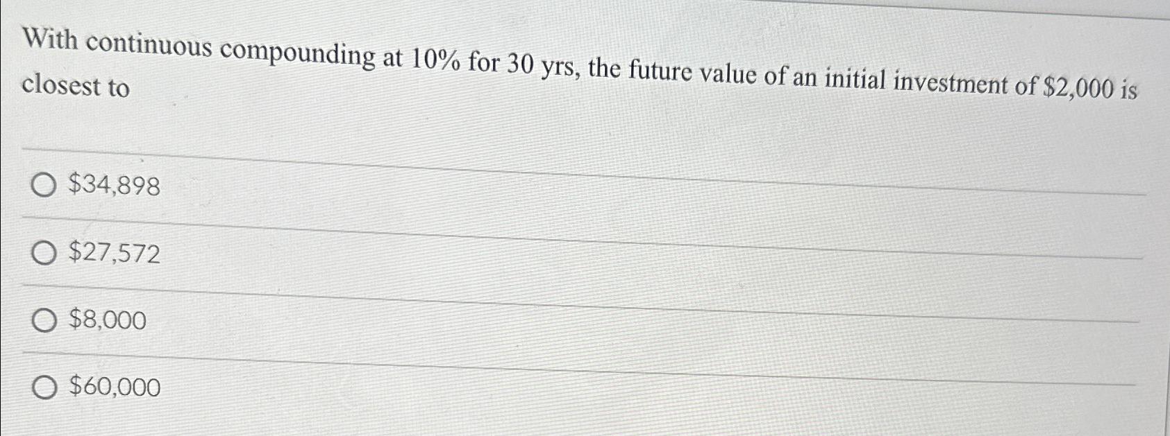 Solved With continuous compounding at 10% ﻿for 30yrs, ﻿the | Chegg.com