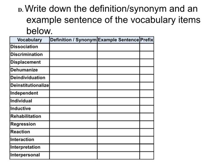 d. Write down the definition/synonym and an example | Chegg.com