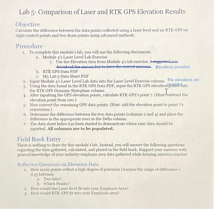 Lab 5-Comparison of Laser and RTK GPS Elevation | Chegg.com