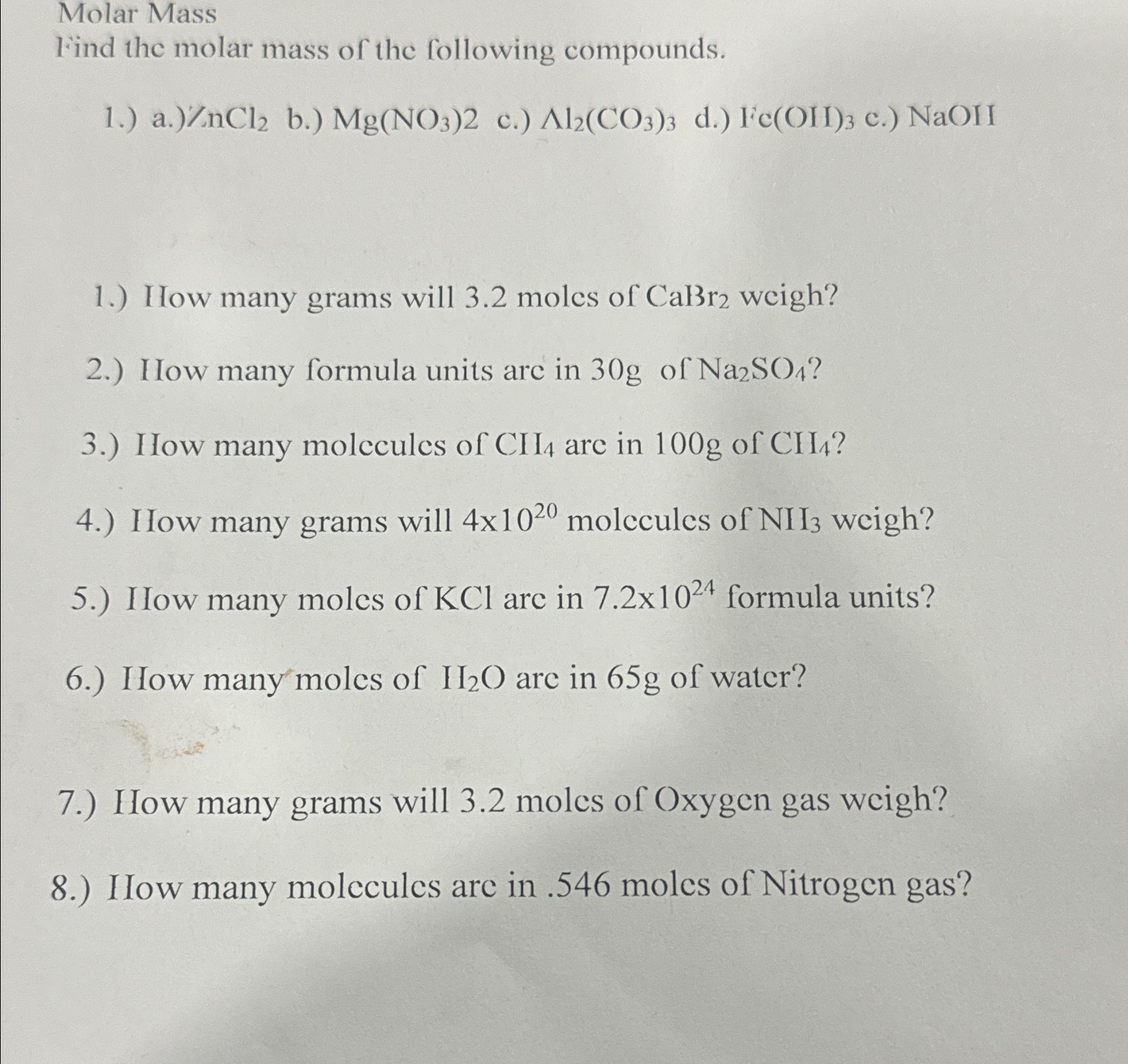 Solved Molar MassFind the molar mass of the following | Chegg.com