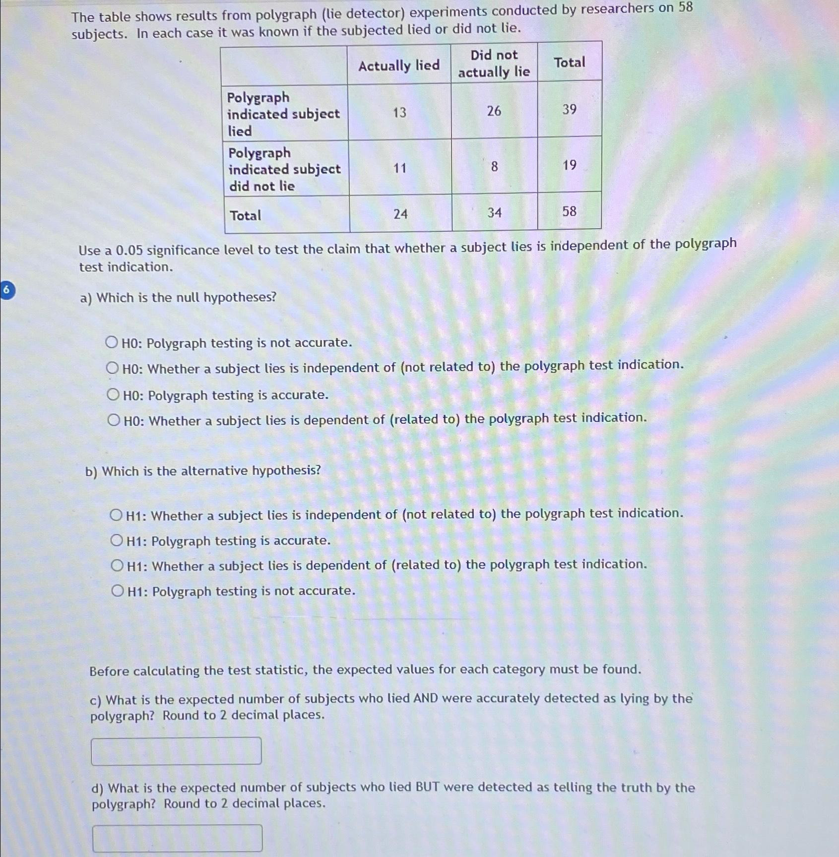 Solved The table shows results from polygraph (lie detector) | Chegg.com