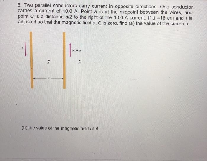Solved 5. Two parallel conductors carry current in opposite | Chegg.com
