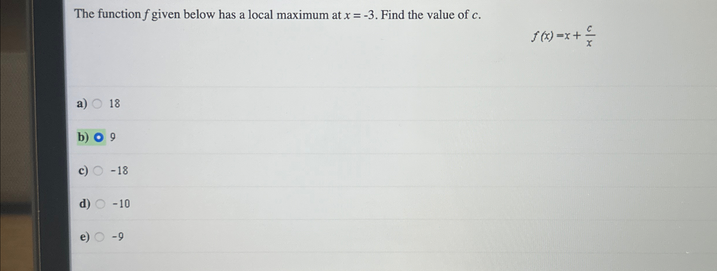 The function f ﻿given below has a local maximum at | Chegg.com